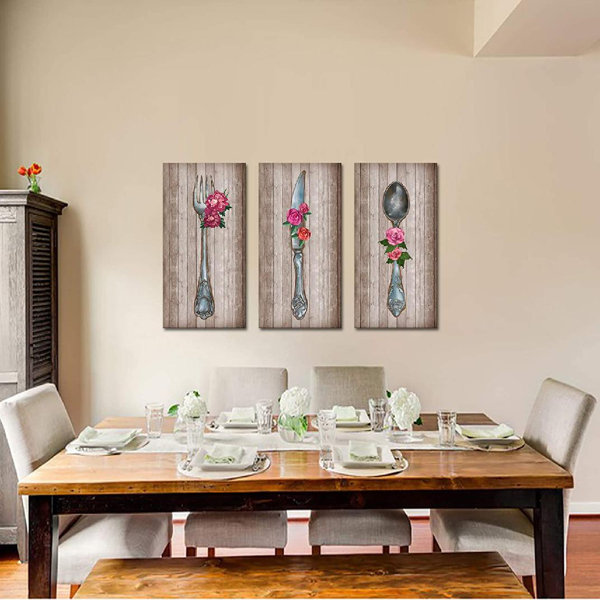 Rosalind Wheeler Rustic Fork Knife Spoon Poster Painting Vintage Kitchen Sets - 3 Piece Wrapped ...